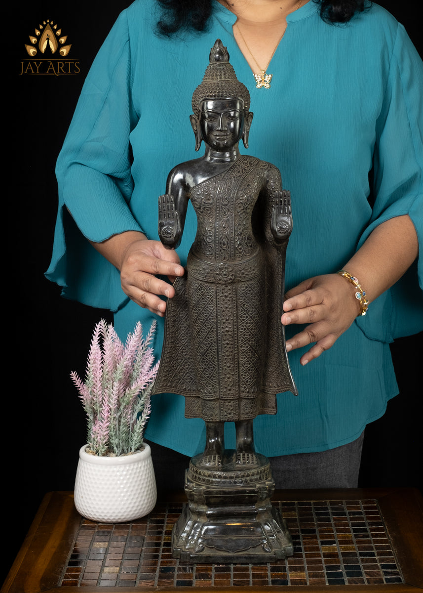 25” Khmer Style Standing Bronze Buddha with Both Hands in Abhaya Mudra – JayArts.com