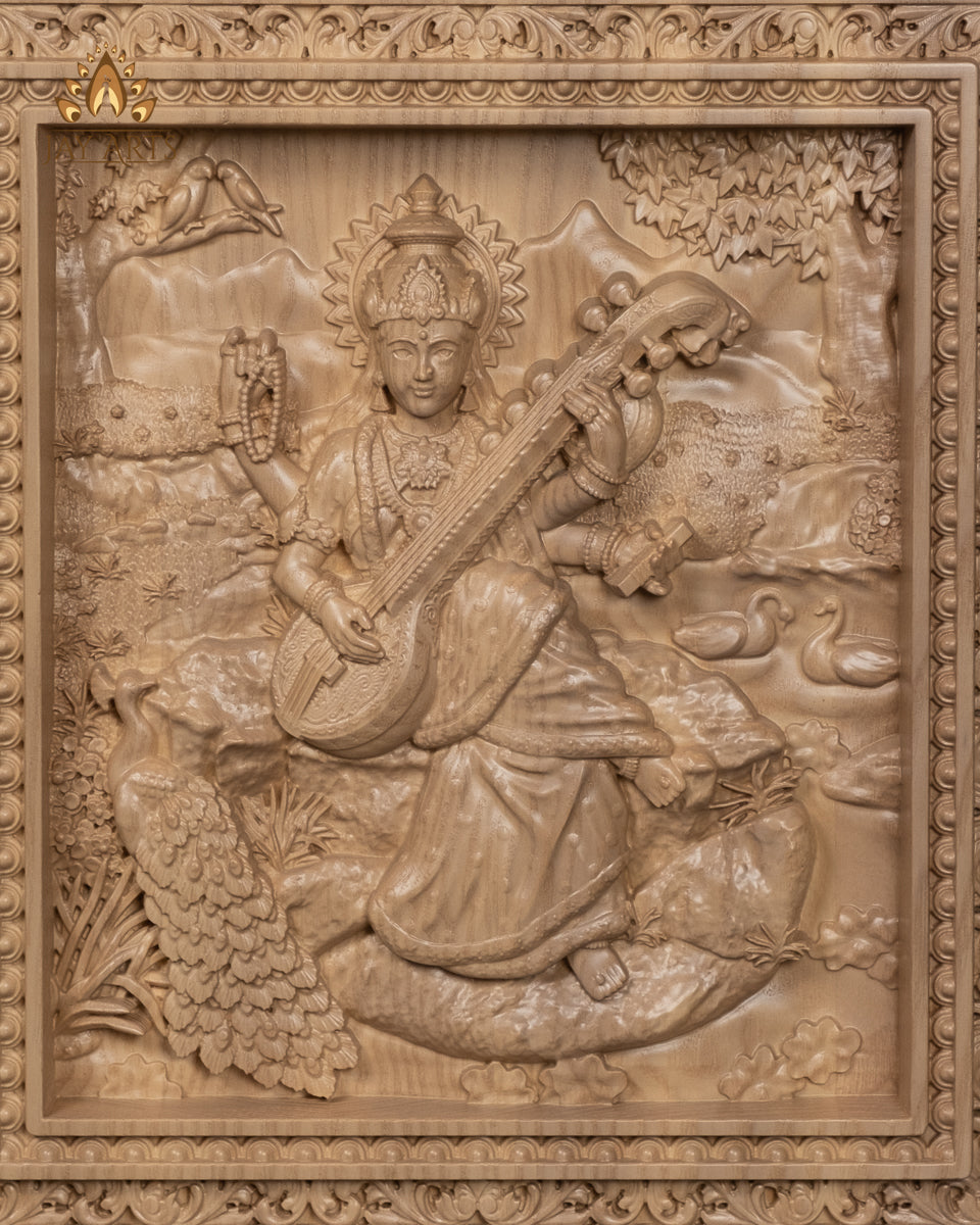 Goddess Saraswathi Ash wood Carving 13" x 11.5" - Hindu Goddess Wood C – JayArts.com