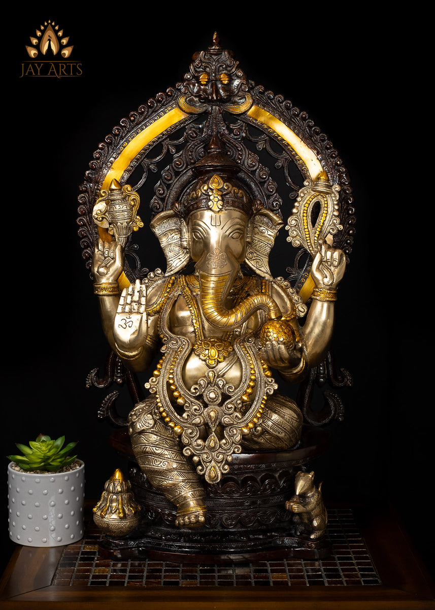 26” Shri Ananda Vinayagar - Brass Ganesha seated on a Kirtimukha Thron ...