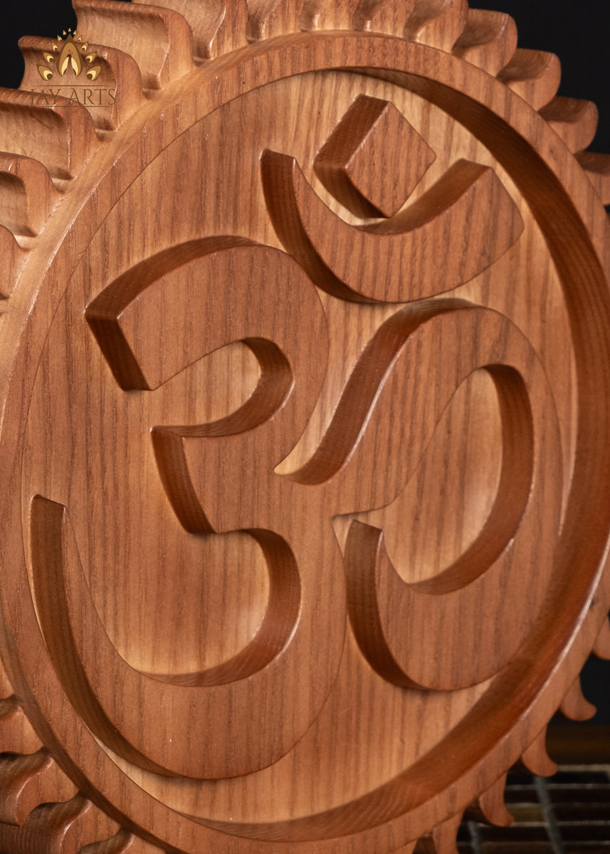 10" OM Wood Carving in a Sun Frame - AUM Spiritual Icon, Primordial So ...