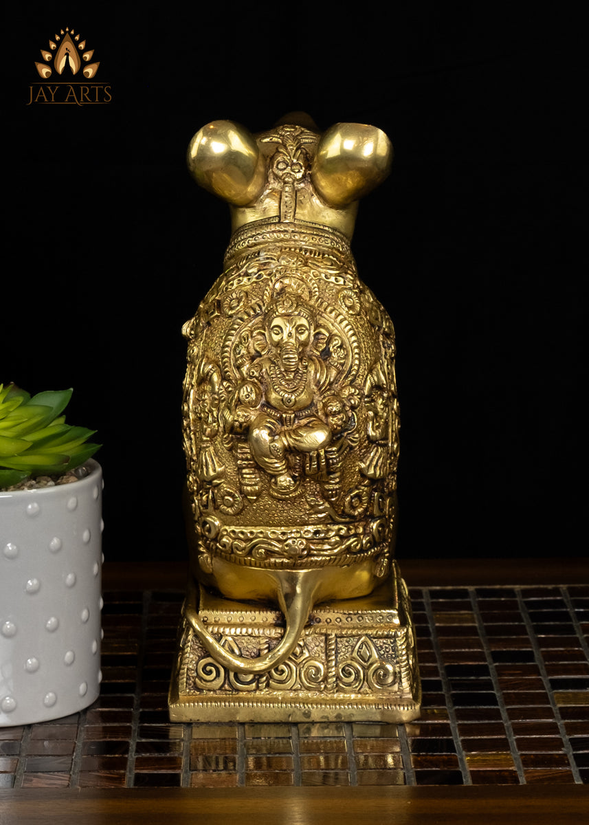 9" Brass Mouse (Mooshika) Statue with Lord Ganesh Engraving on his Bac ...