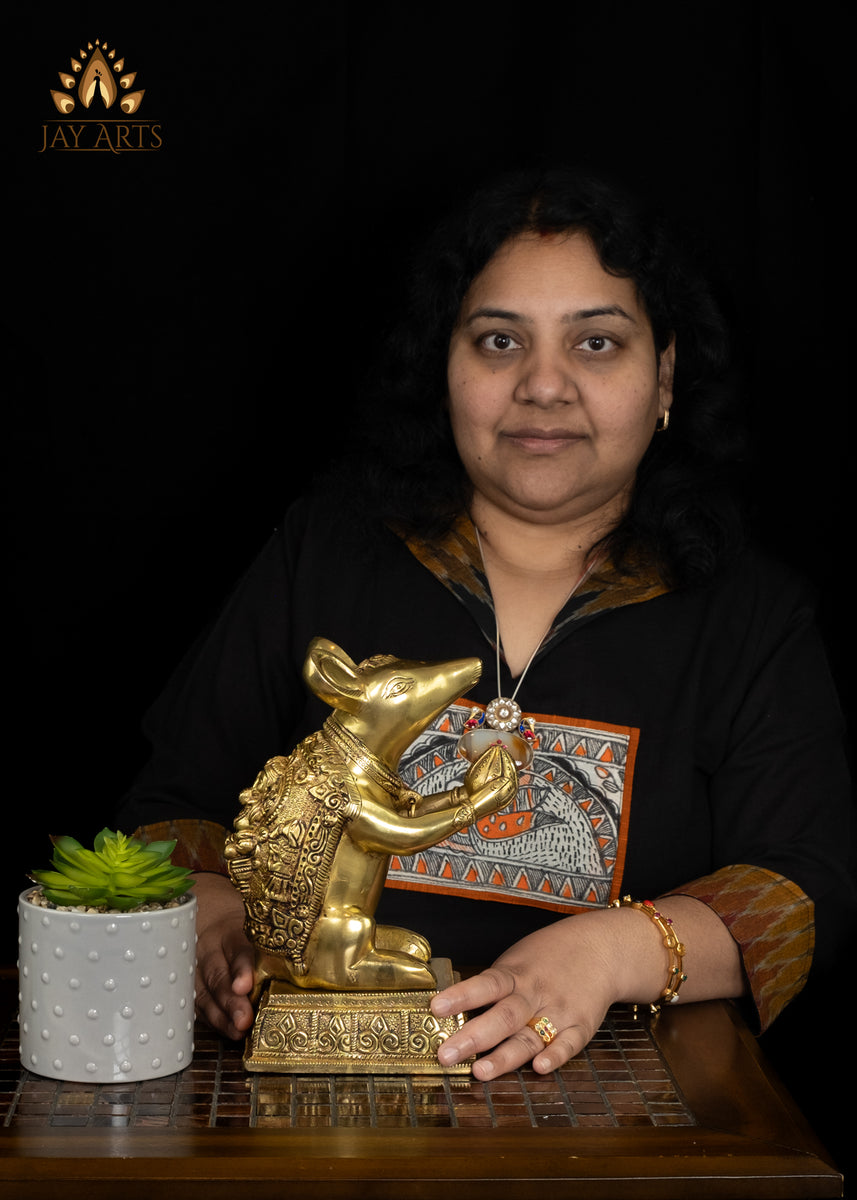 9" Brass Mouse (Mooshika) Statue with Lord Ganesh Engraving on his Bac ...