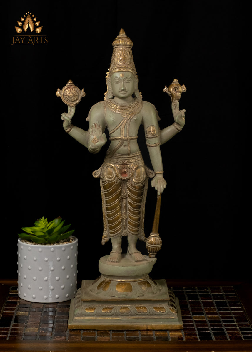 18" Standing Lord Vishnu holding a Mace Brass Statue – JayArts.com