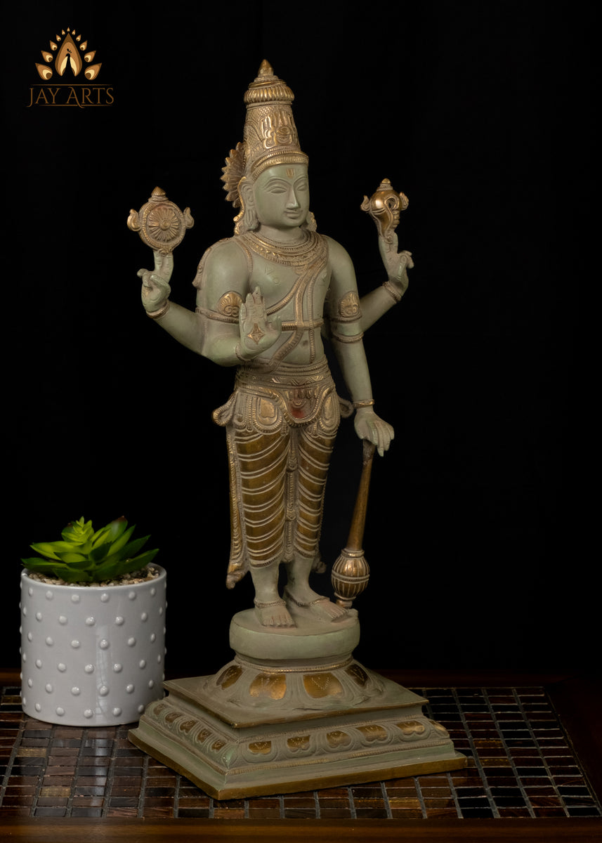 18" Standing Lord Vishnu holding a Mace Brass Statue – JayArts.com