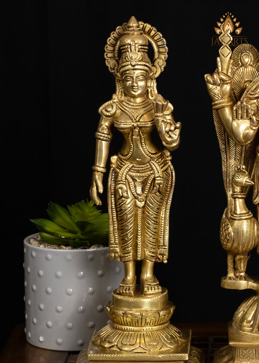 14" Lord Murugan with his consorts Deivanai and Valli Brass Statue ...