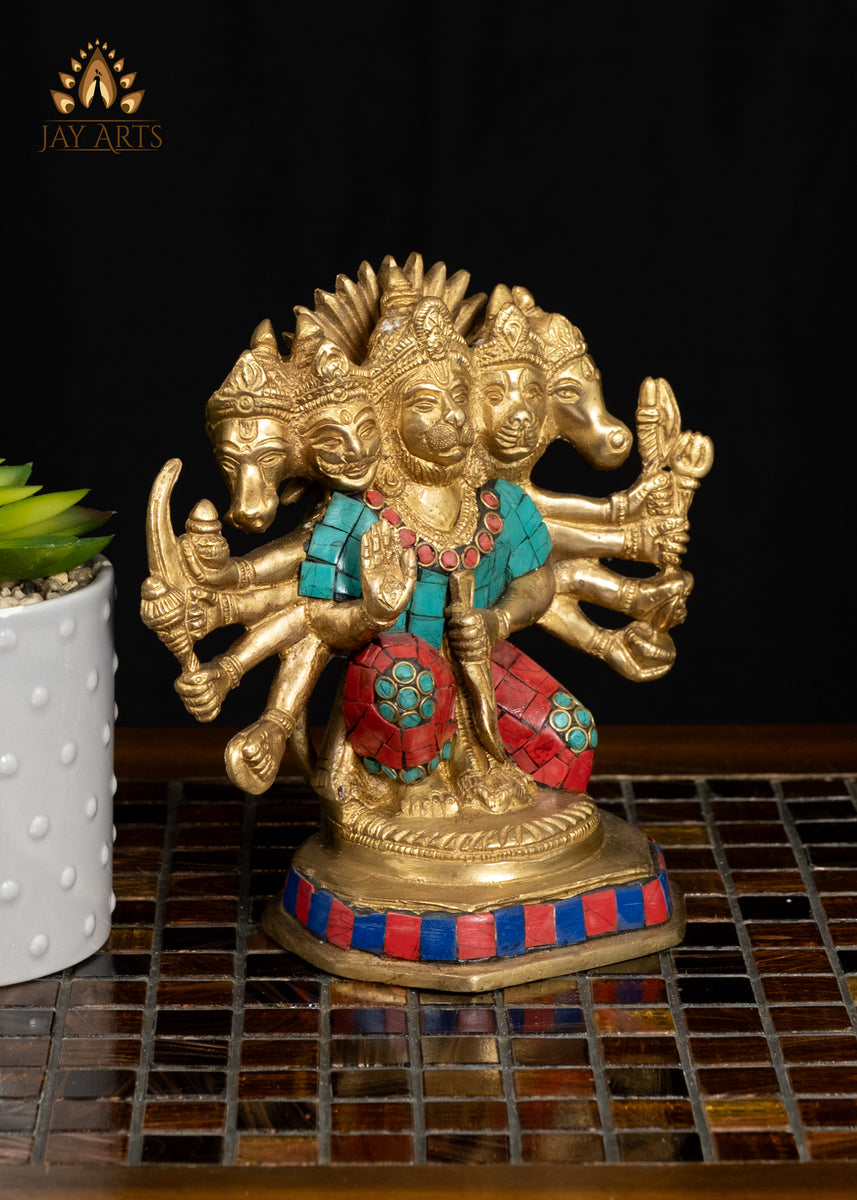 6" Panchamukhi Hanuman Brass Statue Small Altar Piece with Intricate D ...