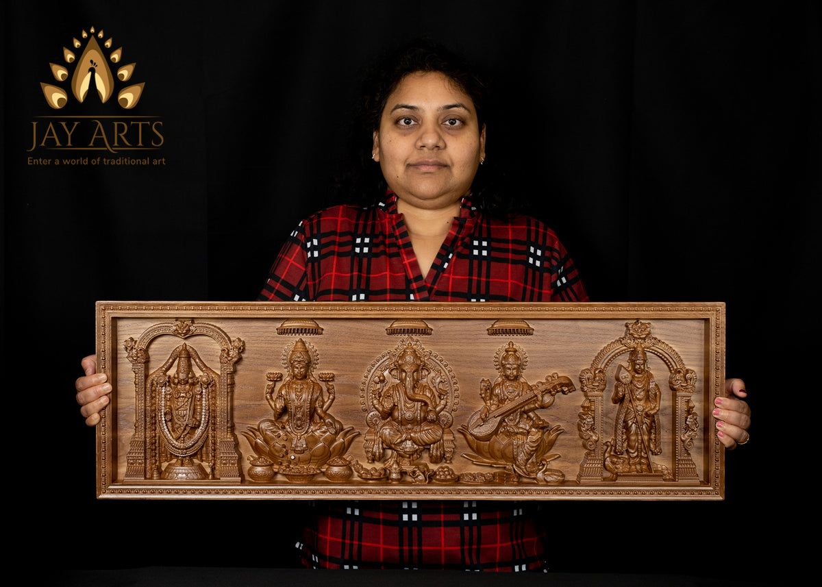 Hindu Traditional Panel 11"H x 34"W - A Wood Carving of Hindu Gods and ...