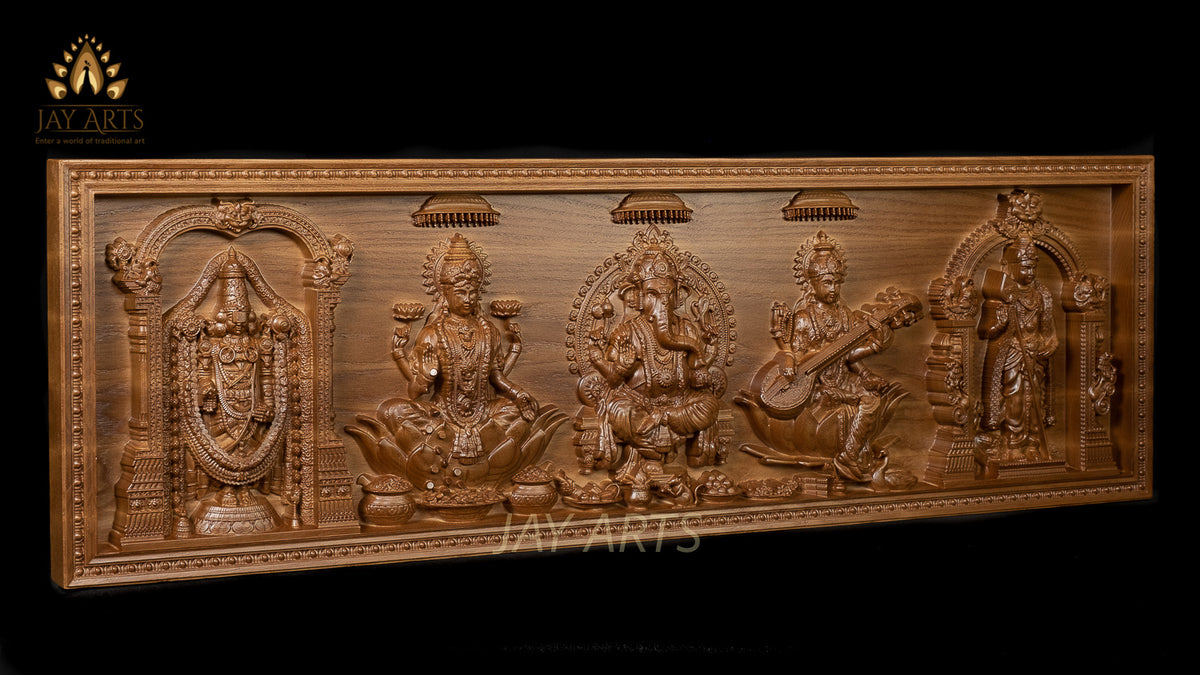 Hindu Traditional Panel 11"H x 34"W - A Wood Carving of Hindu Gods and ...