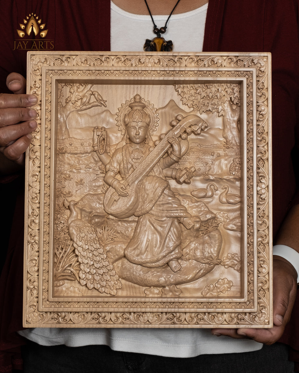 Goddess Saraswathi Ash wood Carving 13" x 11.5" - Hindu Goddess Wood C – JayArts.com